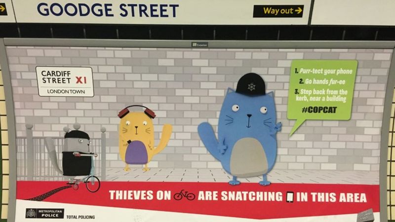 Anti-crime poster with cartoon cat 'less frightening' - BBC News