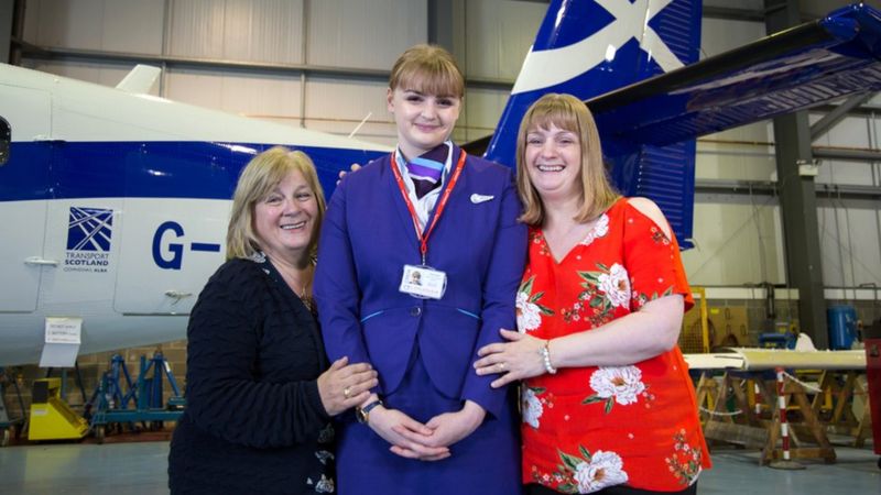 Daughter of first baby born on Loganair plane now cabin crew - BBC News
