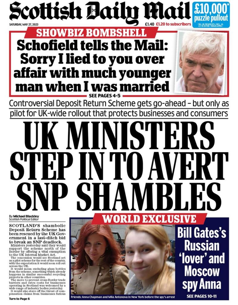 Scotland's papers: Tories to 'sabotage' bottle scheme and Phil affair ...