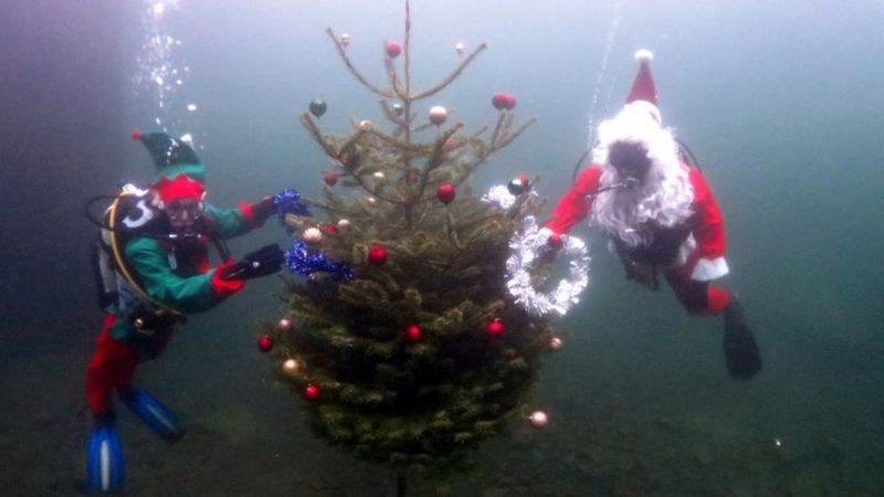 Stoney Cove diving centre puts Christmas tree under water - BBC News