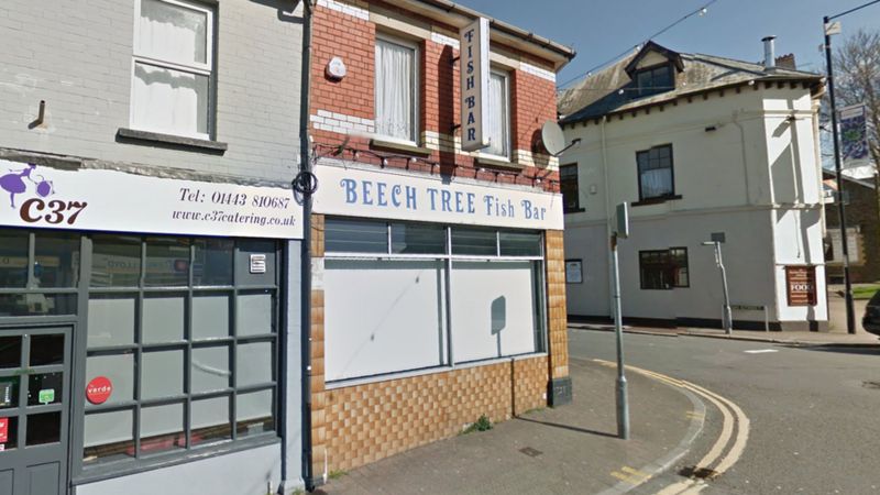 Chip shop front demolished by car in Caerphilly county - BBC News