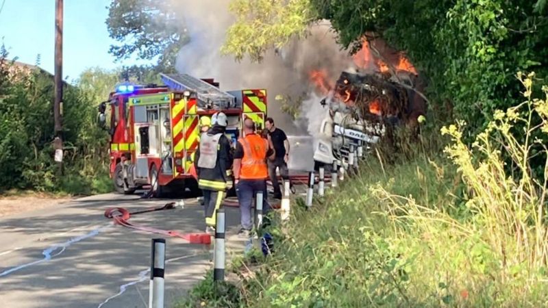 Lorry catches fire after leaving Devon road - BBC News