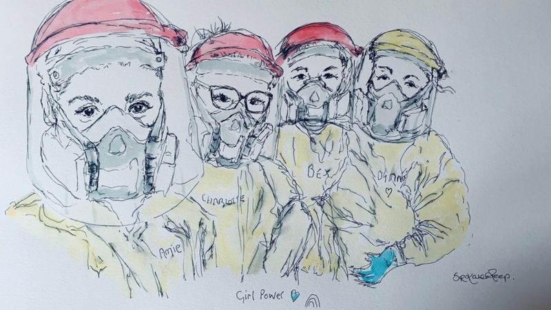 Former nurse's pandemic 'doodles' hung at hospitals - BBC News