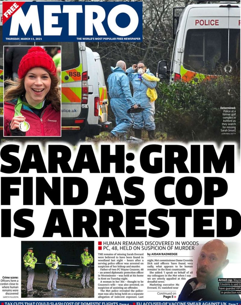 Newspaper headlines: Sarah Everard case and 'fury' over nurses' pay ...