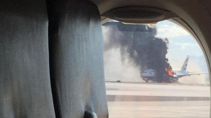 British Airways plane catches fire in Las Vegas - BBC News