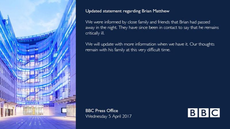 BBC radio broadcaster Brian Matthew 'critically ill but alive' - BBC News