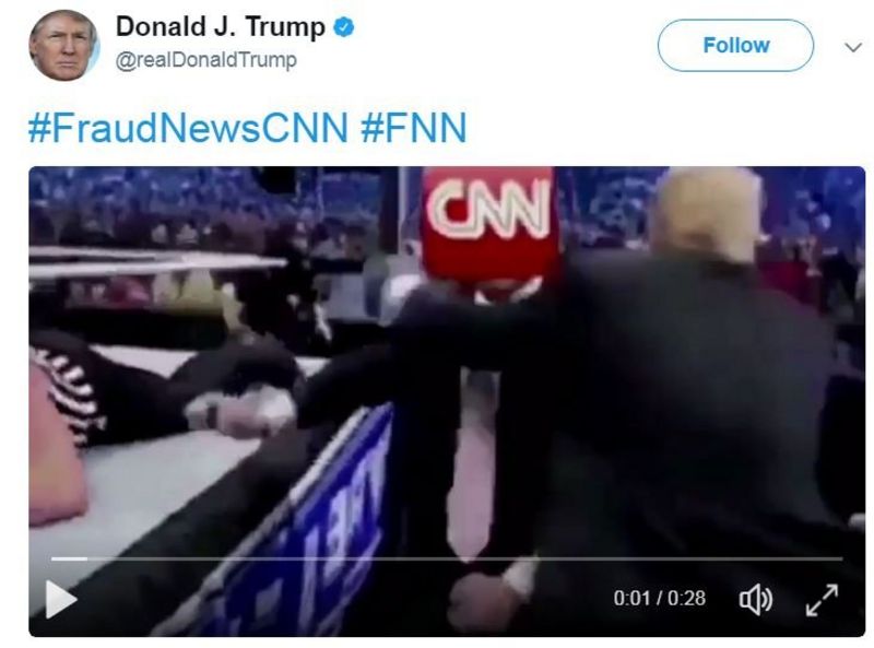 Donald Trump posts video clip of him 'beating' CNN in wrestling - BBC News