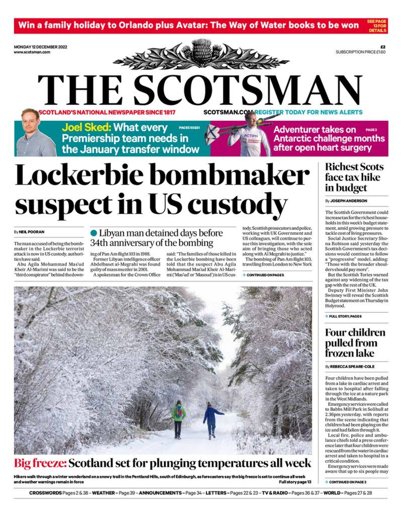 Scotland's papers: Lockerbie suspect held in US and freeze continues ...