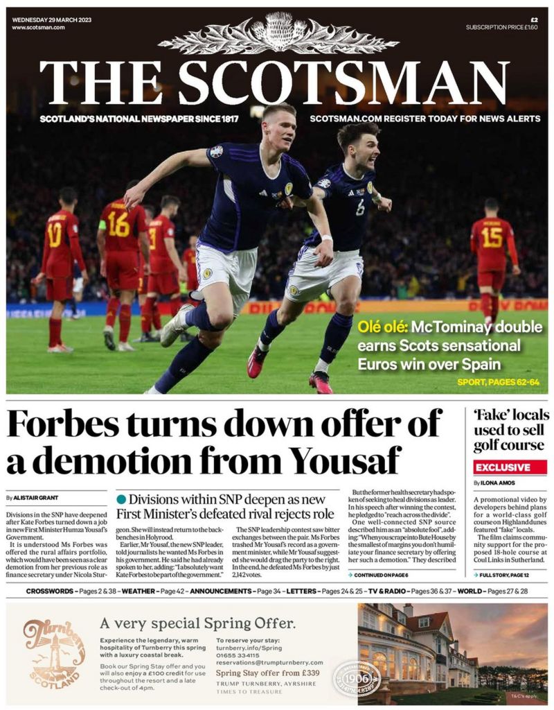Scotland's papers: Forbes quits government and Scotland stuns Spain ...