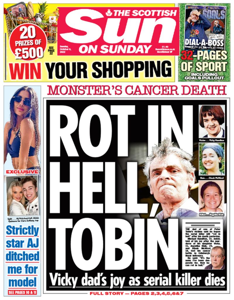 Scotland's papers: 'Rot in hell Tobin' and 'monster to the bitter end ...