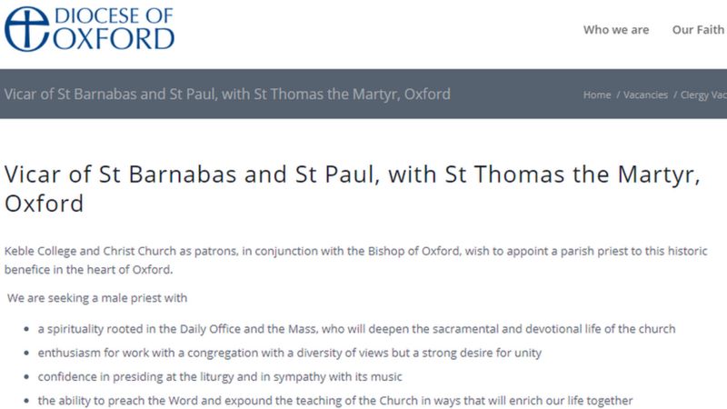 Male only vicar job advert 'misogynistic' - BBC News