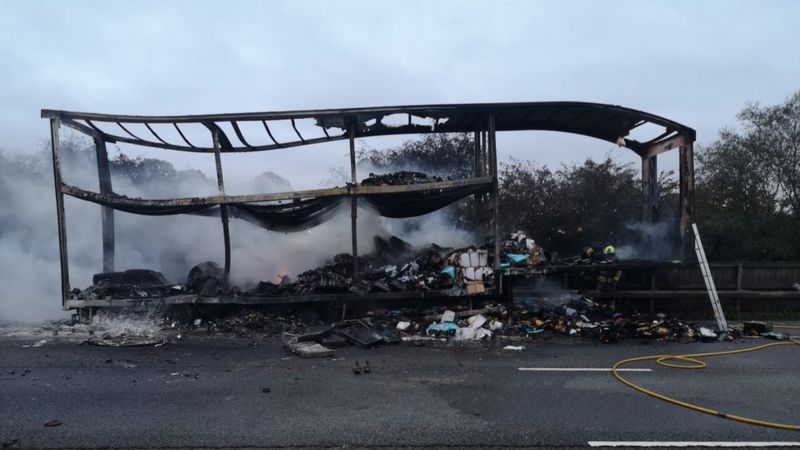 M1 lorry fire closes southbound and northbound carriageways - BBC News