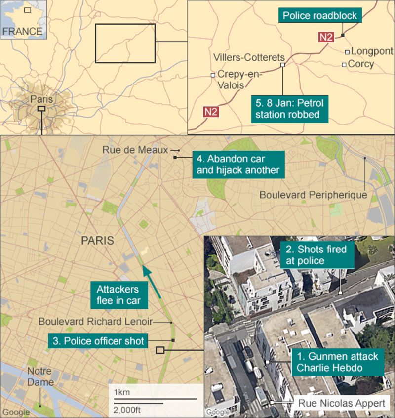 Charlie Hebdo attack: Police hunt suspects north of Paris - BBC News