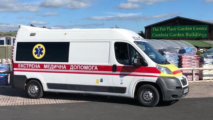 Cumbria garden centre donates fifth ambulance to Ukraine - BBC News