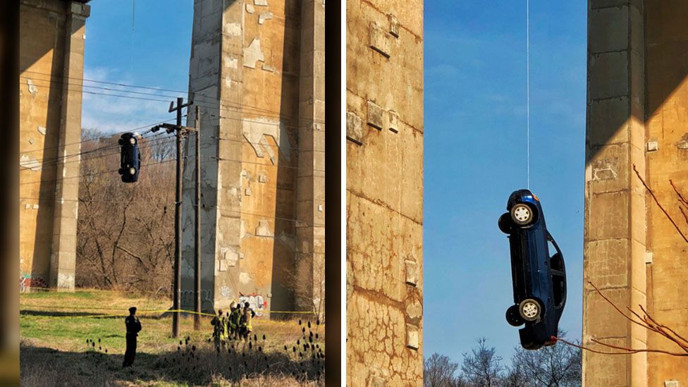 Toronto police suspect pranksters dangled car off bridge - BBC News