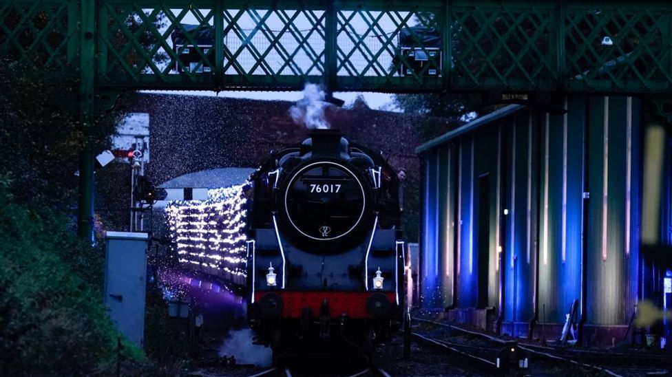 Hampshire's Watercress Line steam railway lit up in festive lights ...