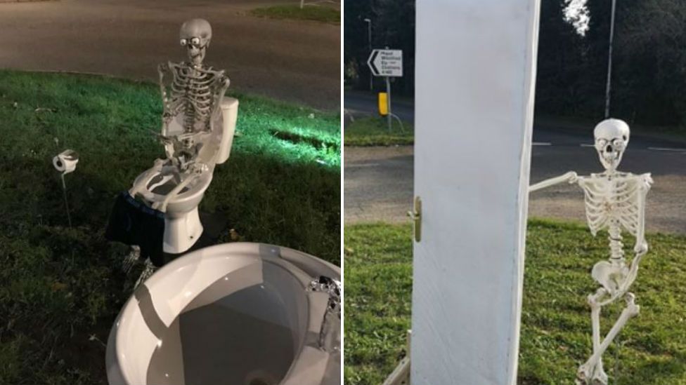 Skeleton on toilet spooks drivers at Cambridgeshire roundabout - BBC News