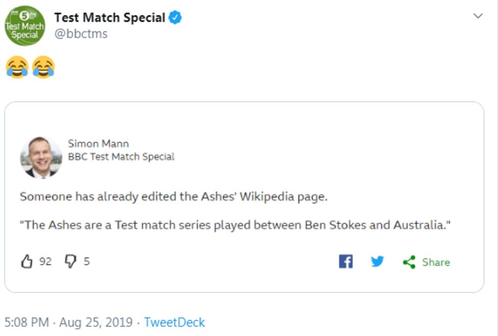 Ashes 2019: How Ben Stokes' century played out on social media - BBC Sport
