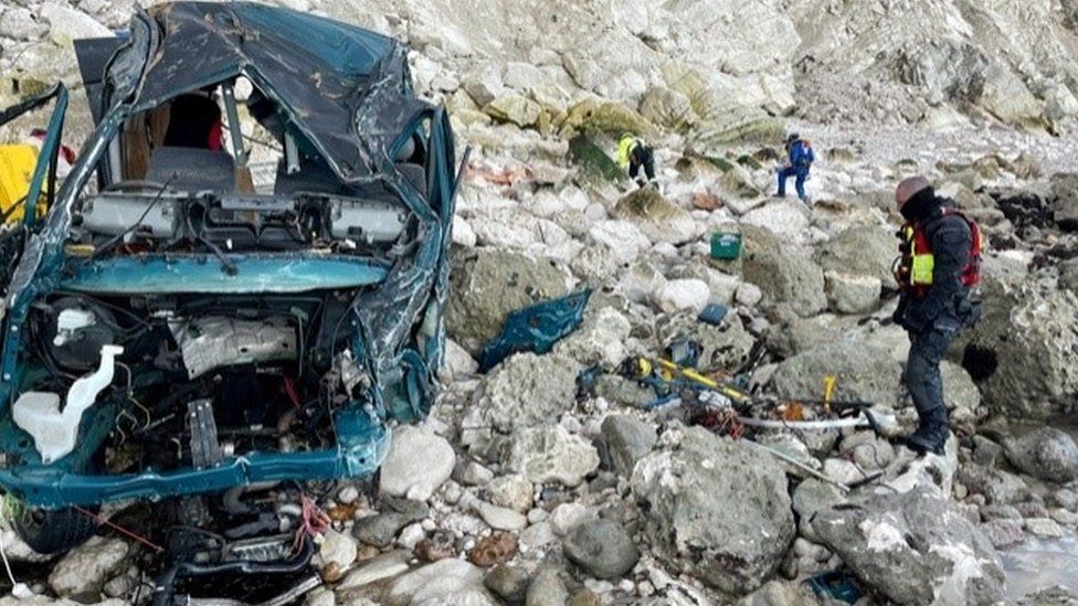 Stolen van tumbles 150m over cliff at Freshwater - BBC News