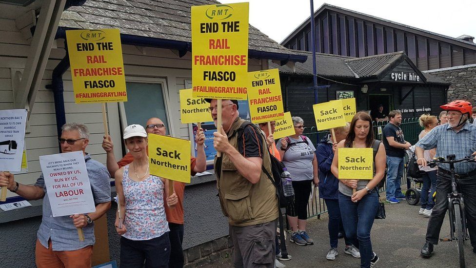 Lakes Line trains suspension sparks protest - BBC News