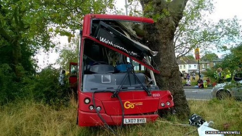 Two passengers trapped as bus hits tree in east London - BBC News