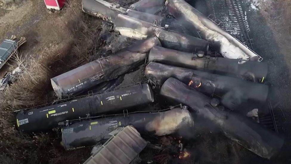 Ohio crews release toxic chemicals from derailed train - BBC News