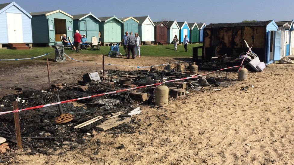 Beach huts destroyed in fire on Mersea Island in Essex - BBC News
