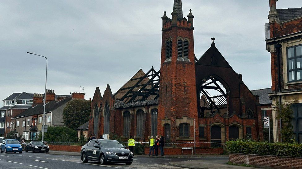 Three arrested after fire at Cleethorpes former church - BBC News