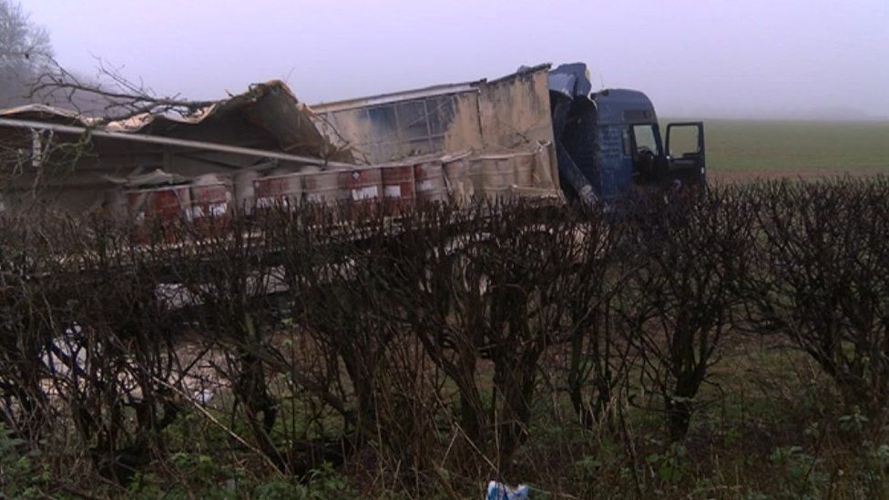 Paint spilled after two lorries collide on A15 in Lincoln - BBC News