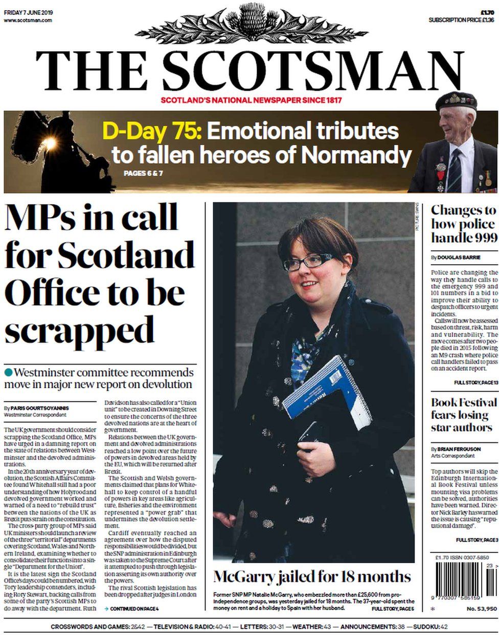 Scotland's papers: Piper's D-Day lament and 'MP to HMP' - BBC News