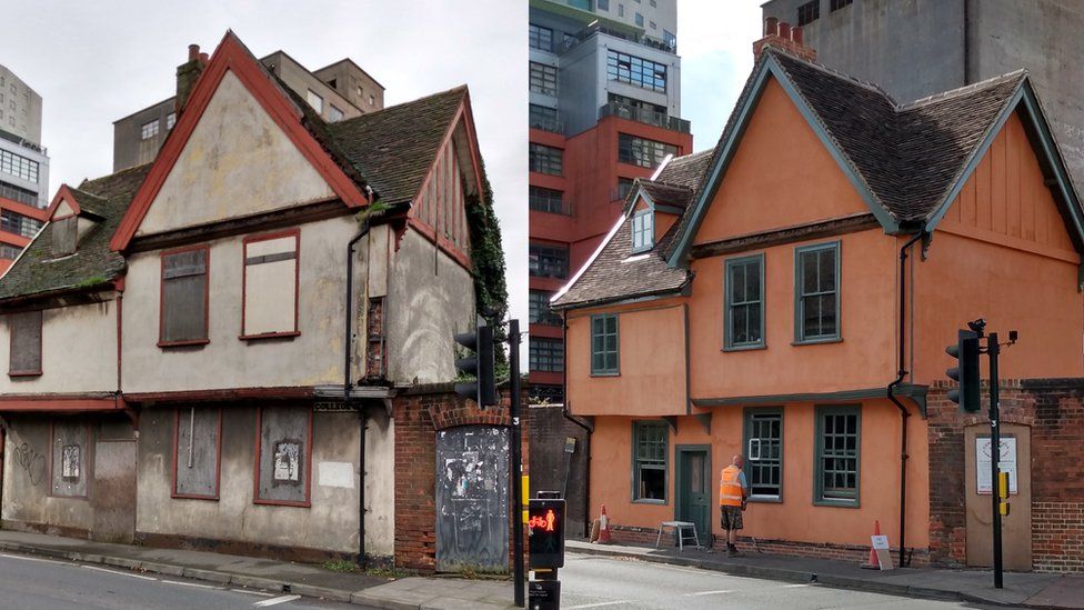 Ipswich dilapidated Tudor building restored after 40 years - BBC News