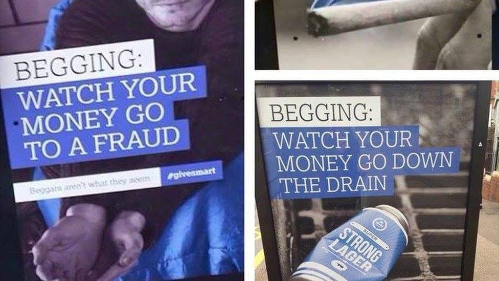 Protesters claim anti-begging posters 'demonise' homeless - BBC News