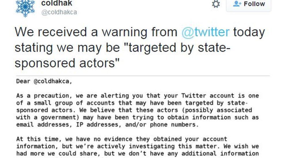 Twitter warns of government 'hacking' - BBC News