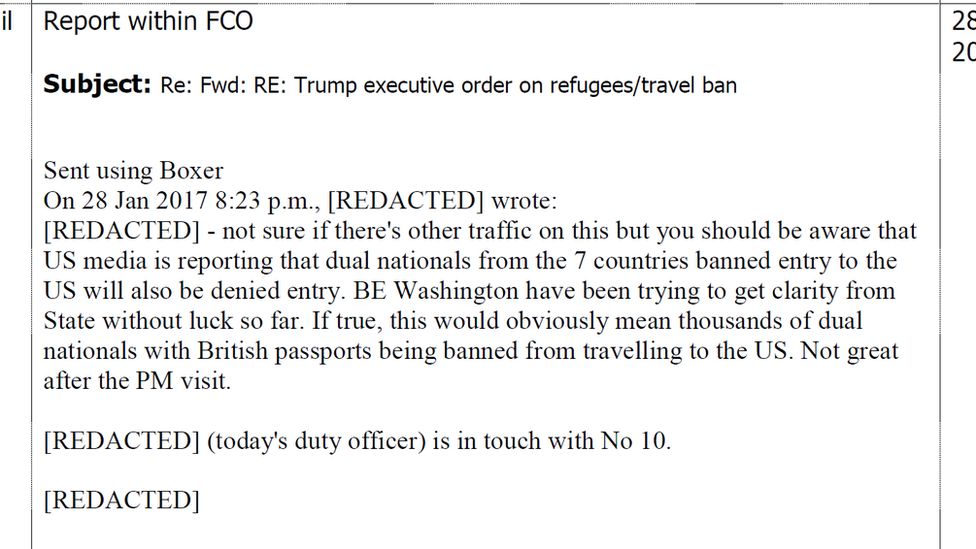 Emails reveal Foreign Office alarm at Trump travel ban - BBC News