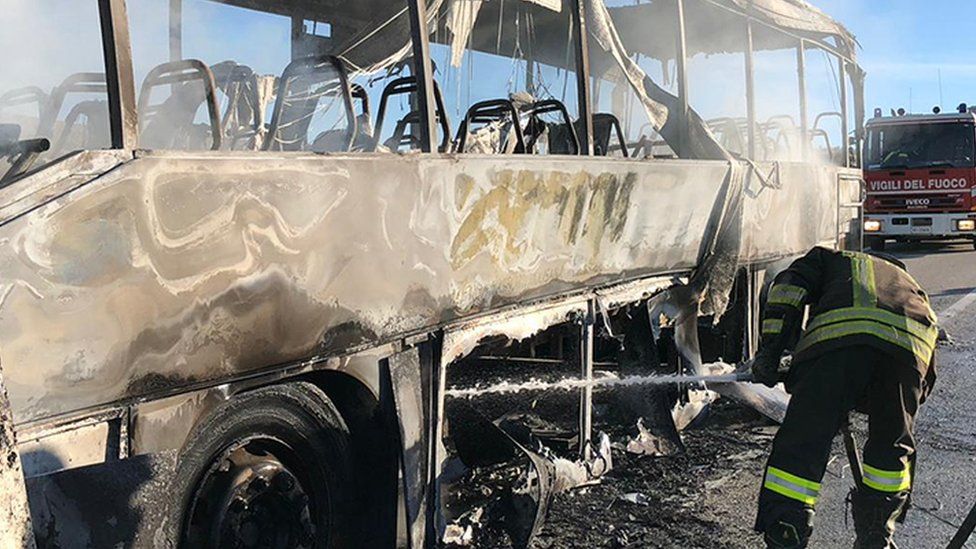 Italy bus driver saves 25 children from vehicle blaze - BBC News