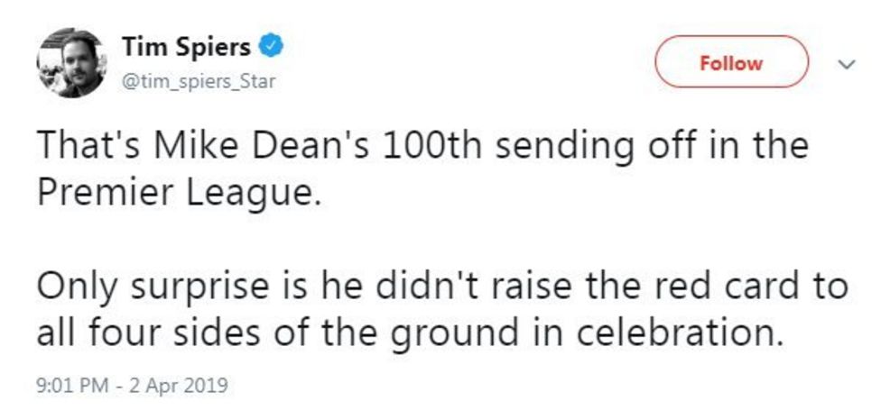 Mike Dean 100 Premier League red cards: Statistics and social media ...