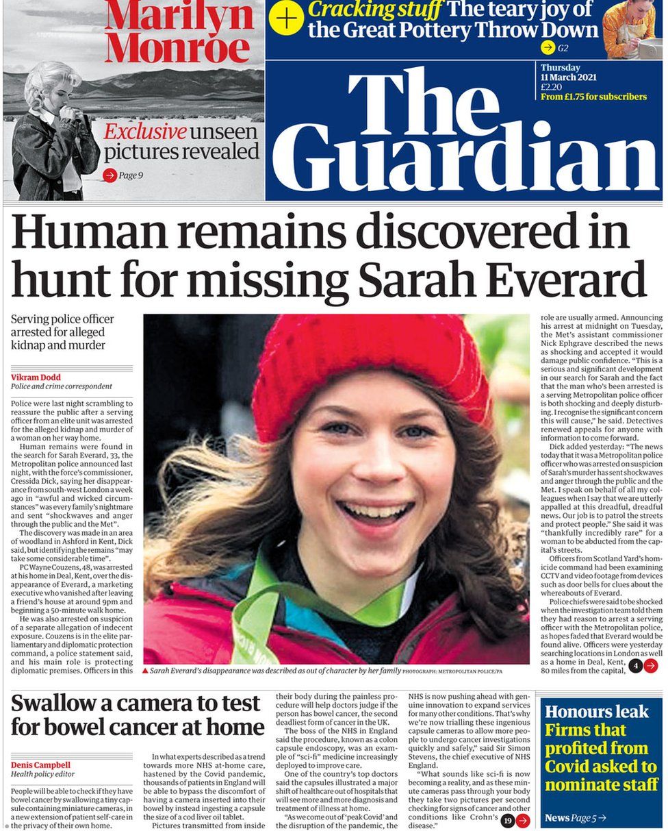 Newspaper headlines: Sarah Everard case and 'fury' over nurses' pay ...