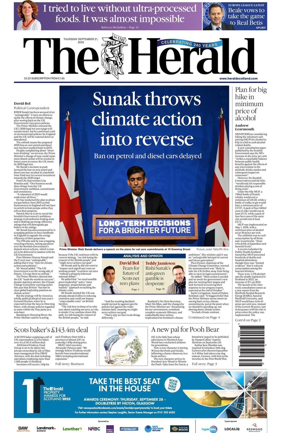 Scotland's papers: PM drops green pledge and alcohol price hike plan ...