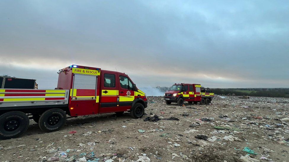 Firefighters tackle blaze at Stanway landfill site - BBC News