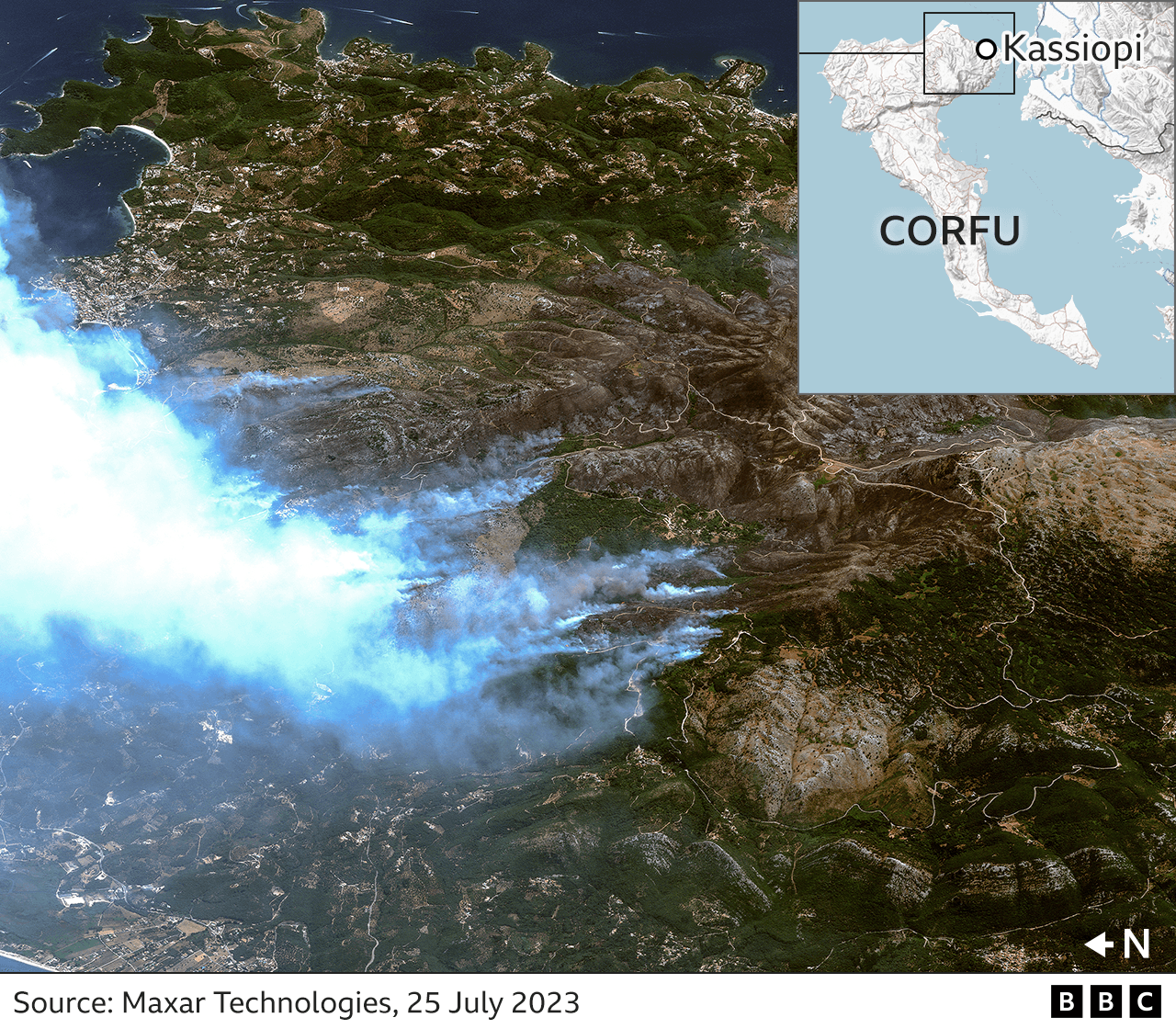 Greece fires in maps and satellite images show extent of damage - BBC News