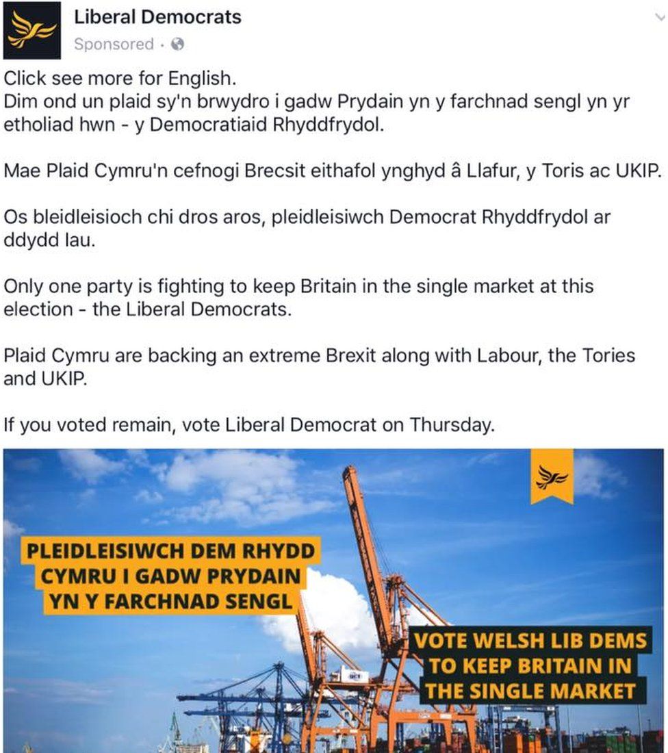 Welsh Lib Dem leader sorry over Plaid Cymru Brexit attack ad - BBC News