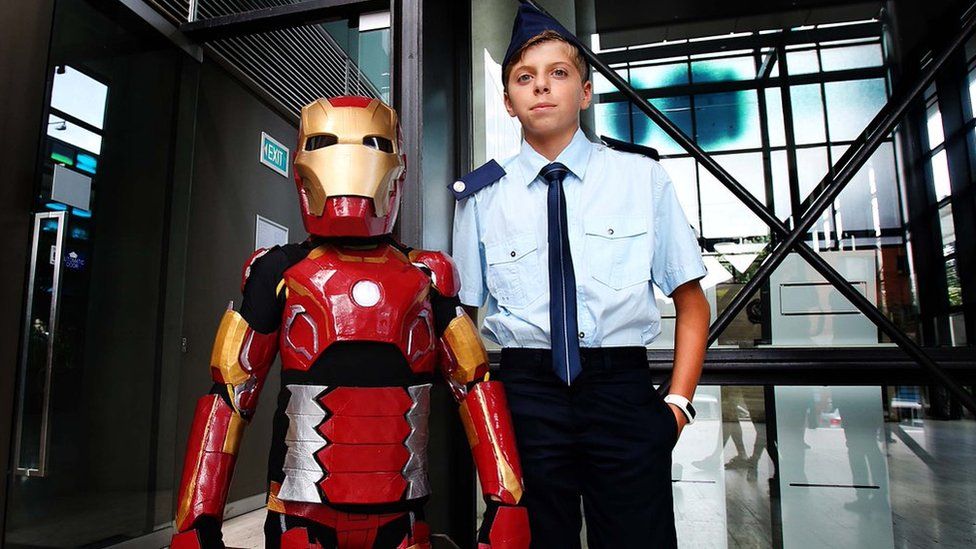 'Iron Boy' granted superhero wish in Australia - BBC News