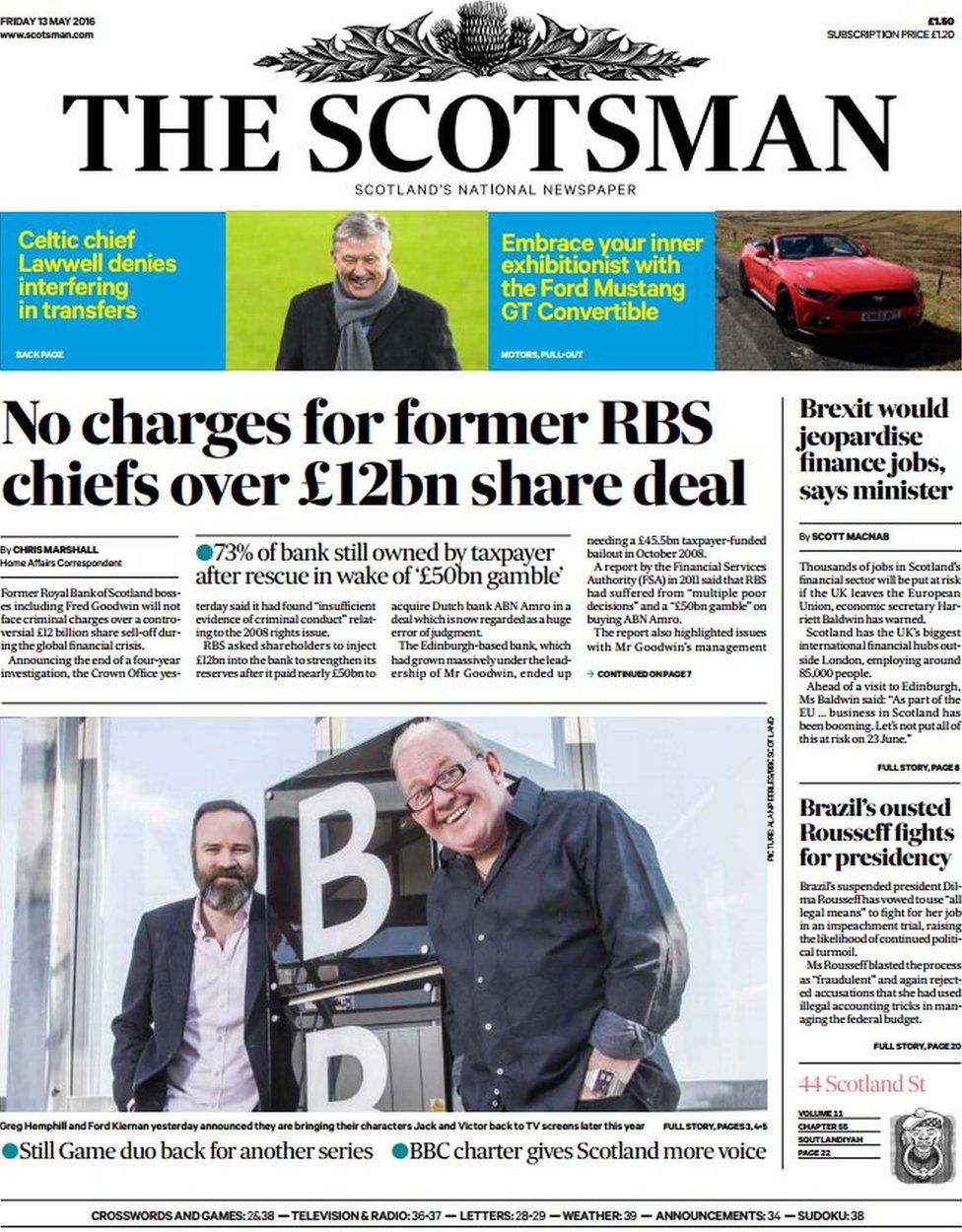 Scottish papers: Fred The Shred and Still Game - BBC News