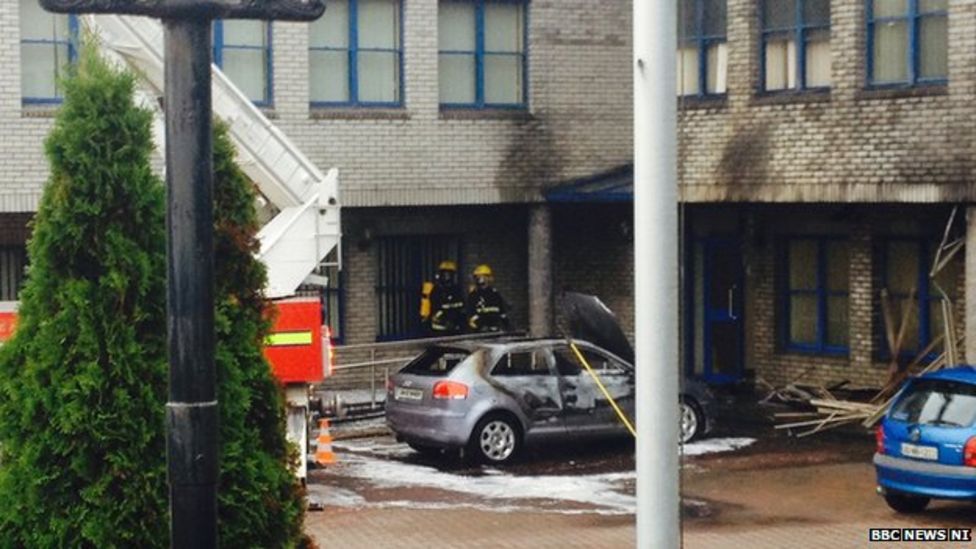 Car driven into Monaghan police station and set on fire - BBC News