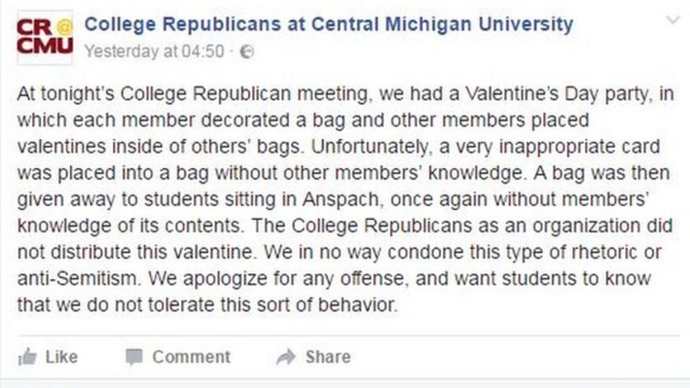 Anti-Semitic Valentine at Republican student event sparks outrage - BBC ...