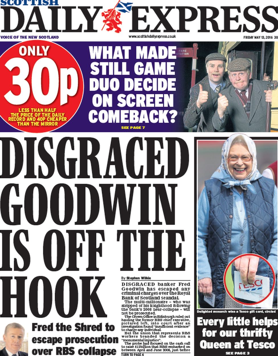 Scottish papers: Fred The Shred and Still Game - BBC News