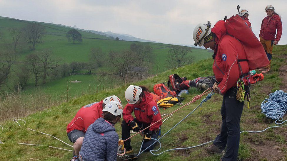 Dog rescued by drone team after fall at Thor's Cave - BBC News