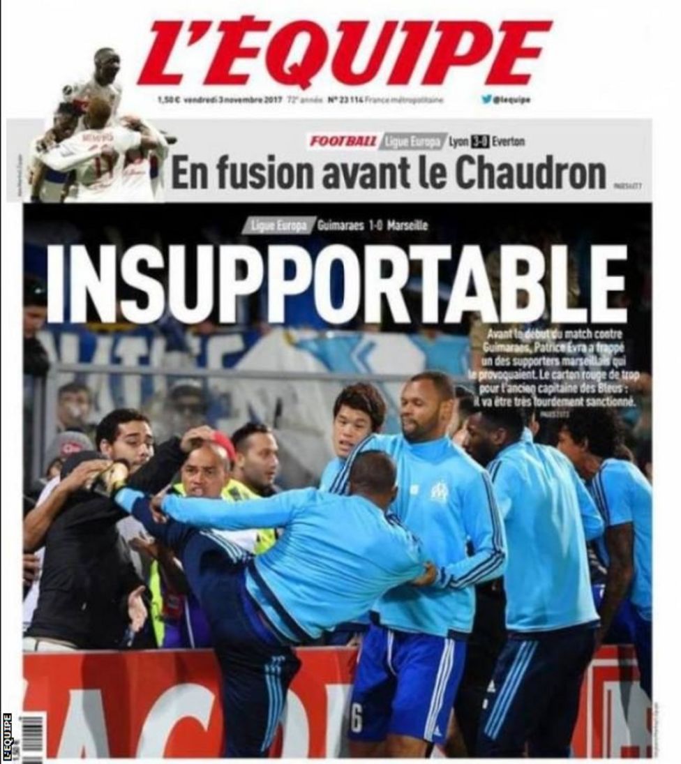 Patrice Evra: Marseille defender sent off for kicking fan during warm ...