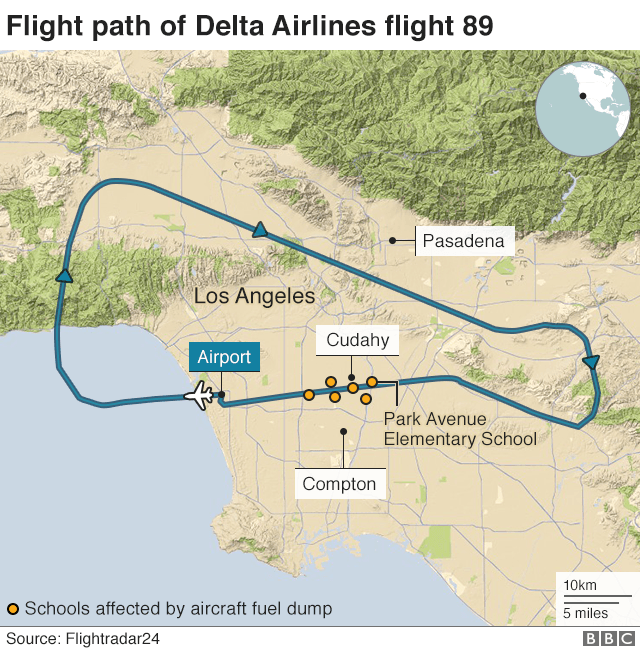 Plane dumps fuel over schools near Los Angeles airport - BBC News