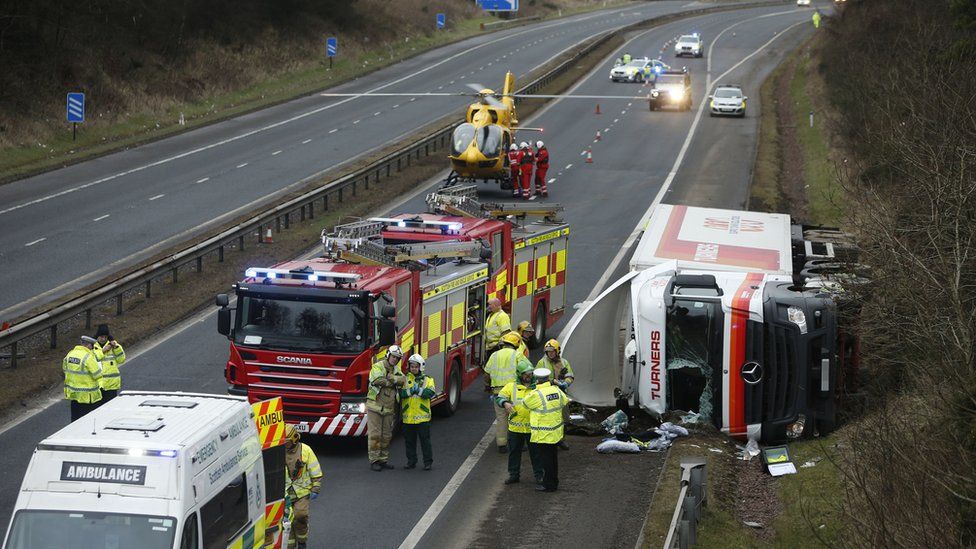 Driver airlifted to hospital after M74 lorry overturns - BBC News